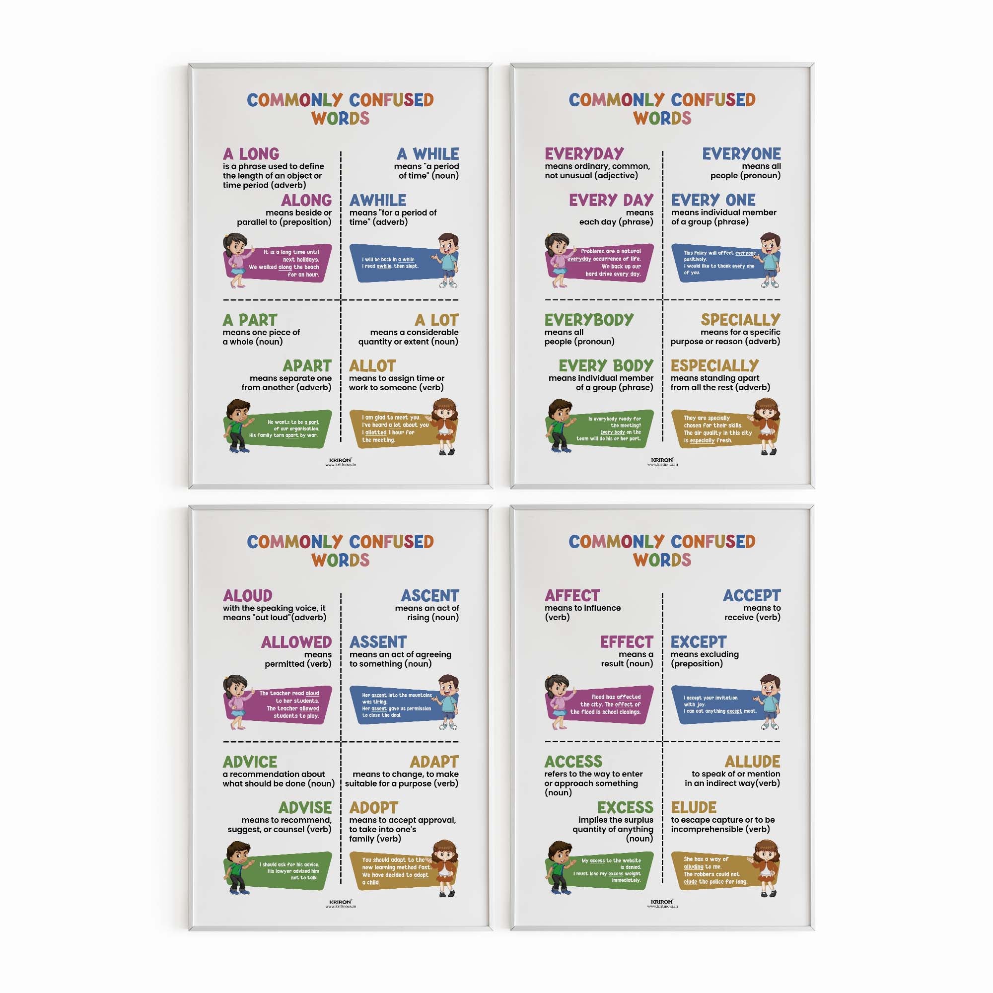 Pack of 4 - Commonly confused words, Homophone Poster, Educational Eng ...