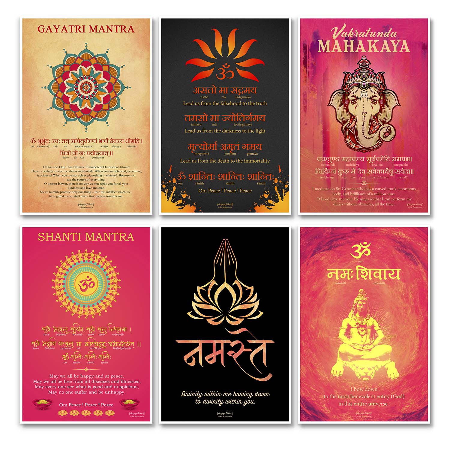 Set of 6 Popular Mantra Art, Sanskrit Wall Art, Gayatri Mantra, Vakra ...