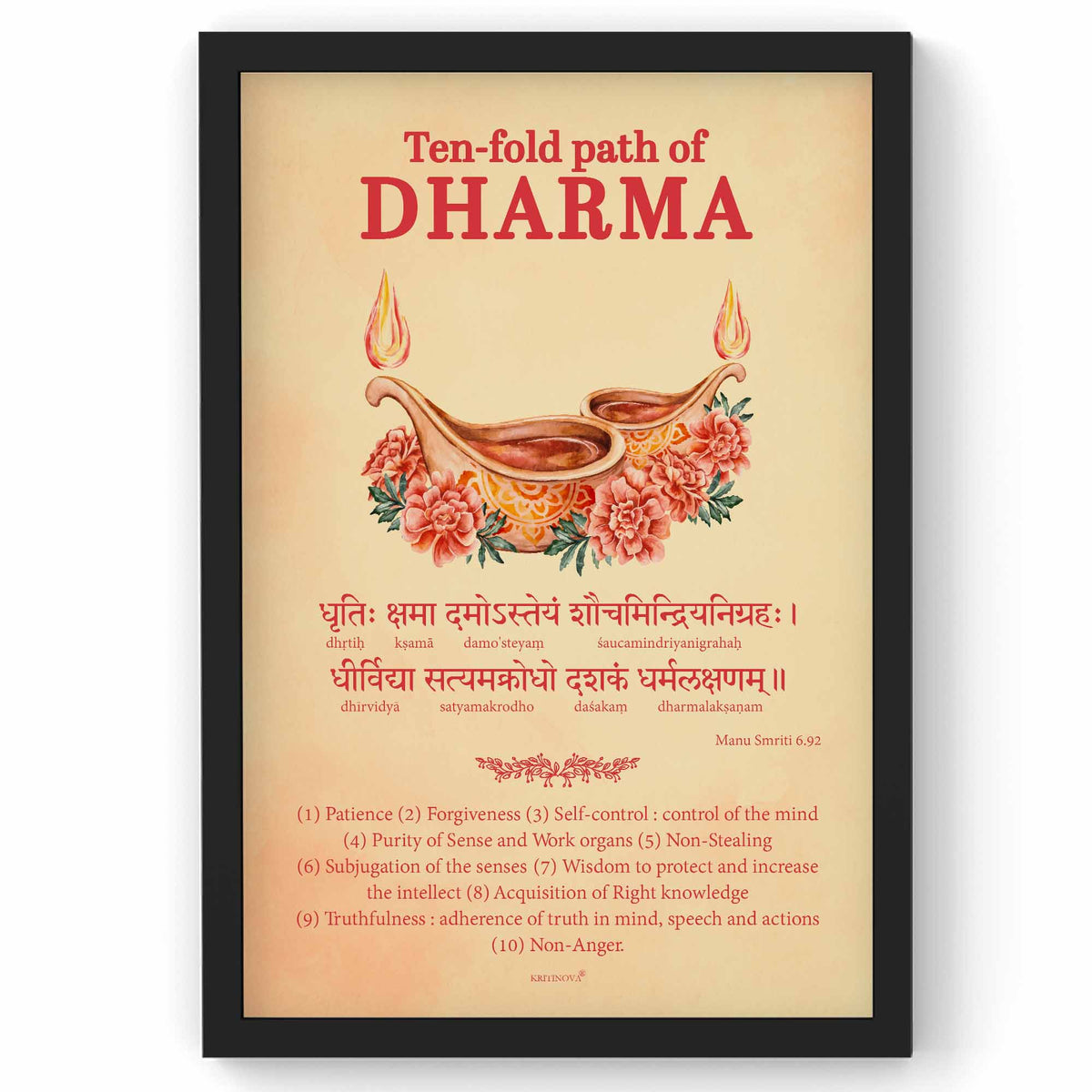 Ten fold path of Dharma, Definition of Dharma, Sanskrit Wall Art, Manu ...