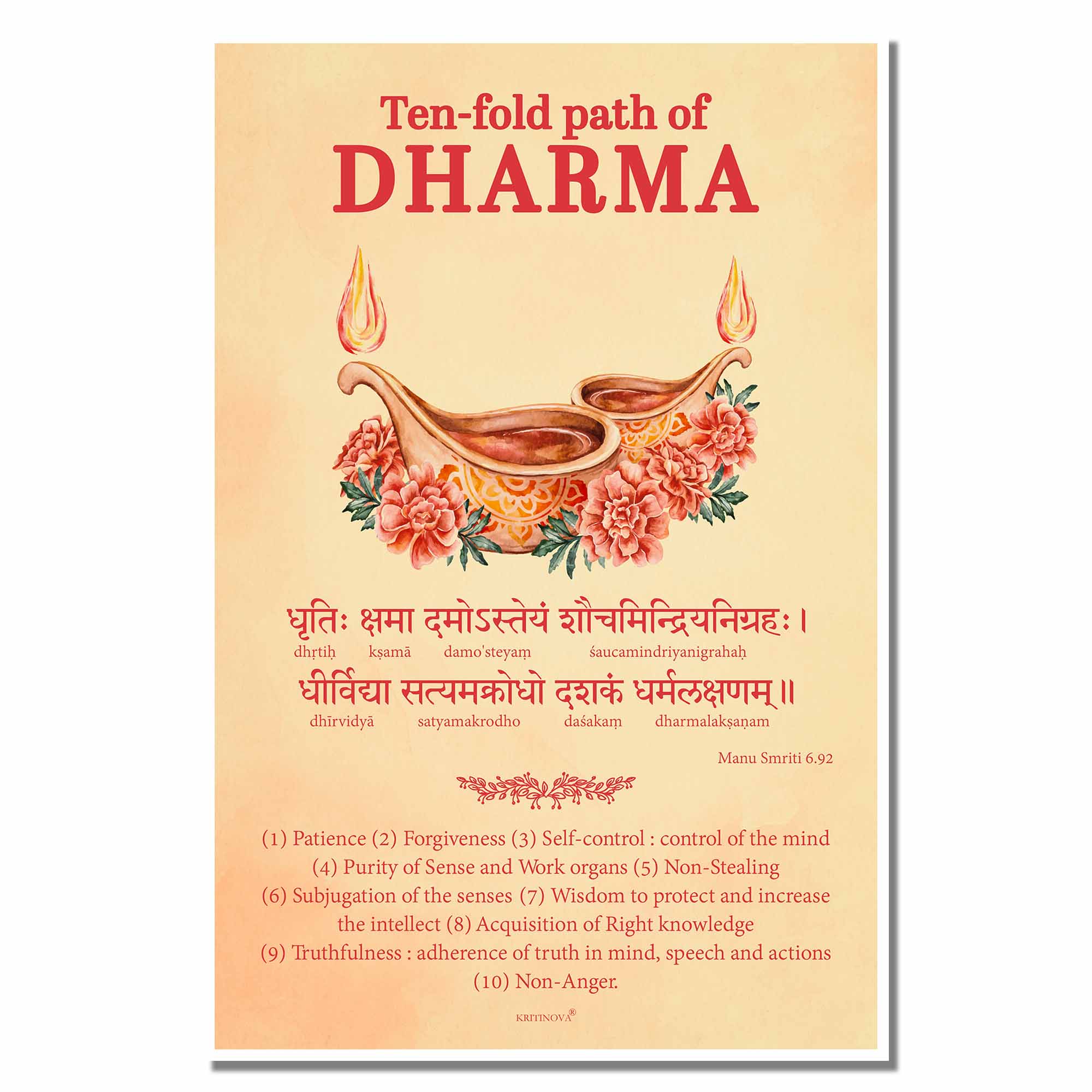 Ten fold path of Dharma, Definition of Dharma, Sanskrit Wall Art, Manu ...