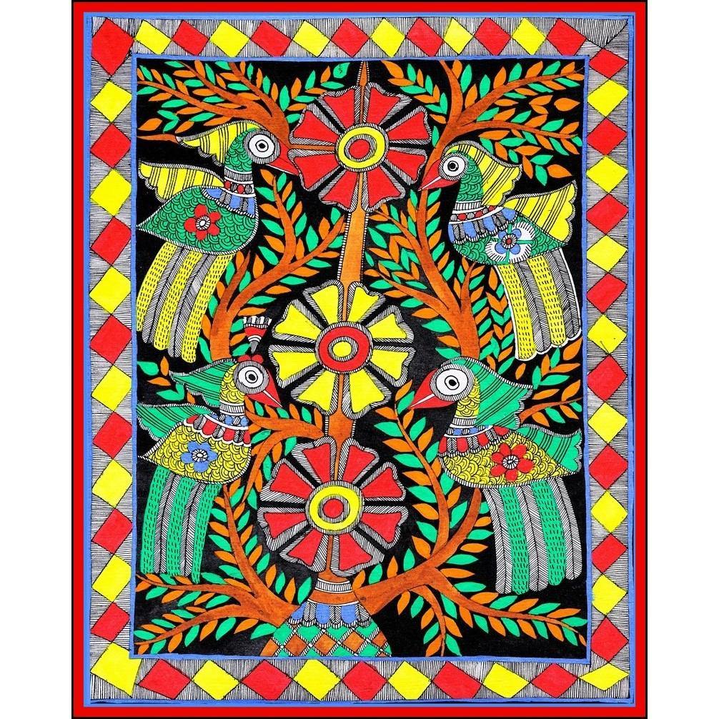 Colorful Birds, Madhubani Art, Mithila Painting, Indian Traditional Ar ...