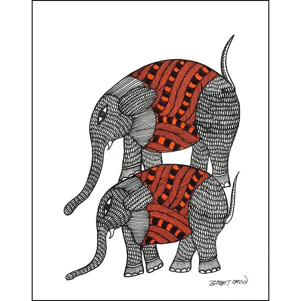 Two Elephant, Gond Art, Indian Traditional Art, Cultural Gift, Tribal ...