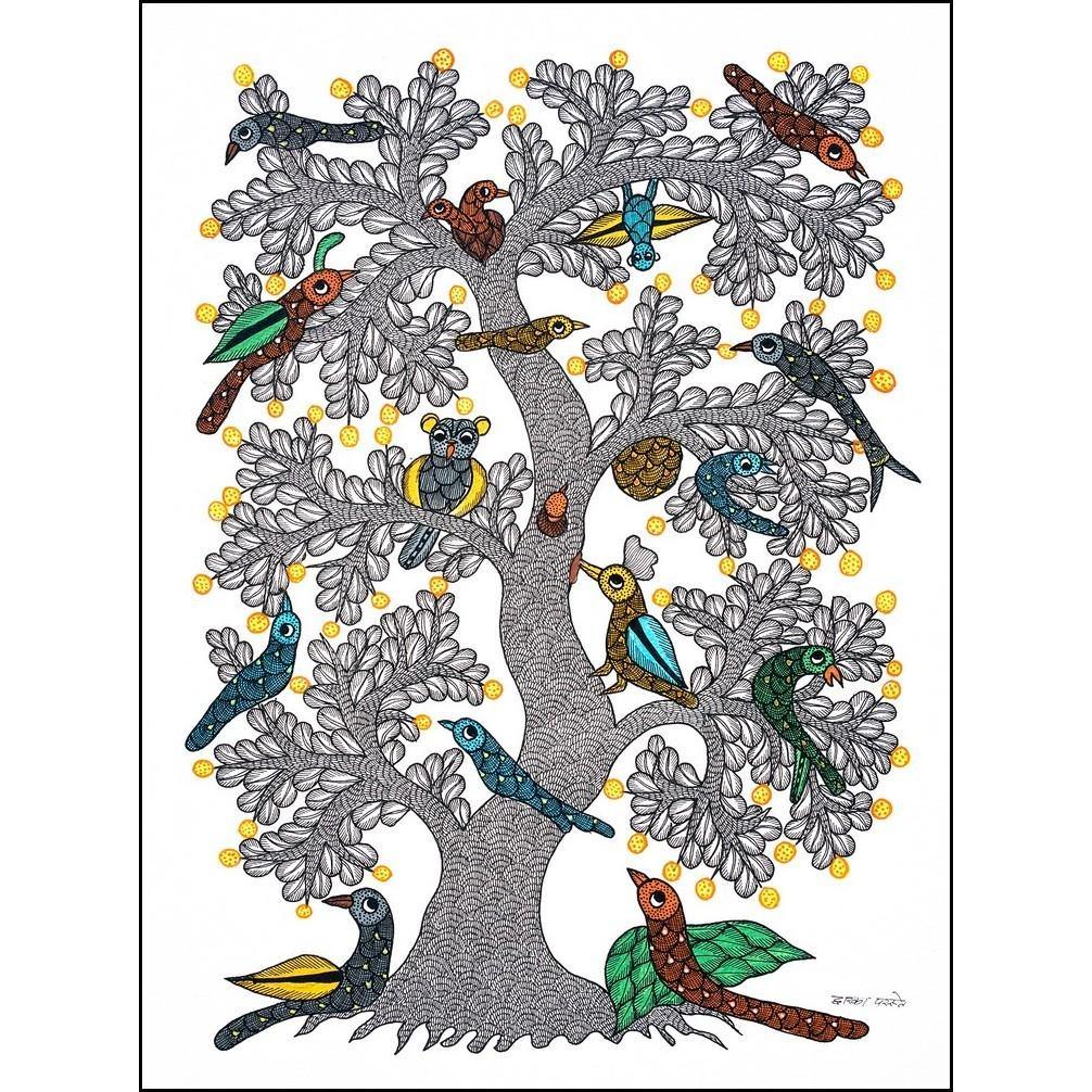 Birds on Tree, Gond Art, Indian Traditional Art, Cultural Gift, Tribal ...